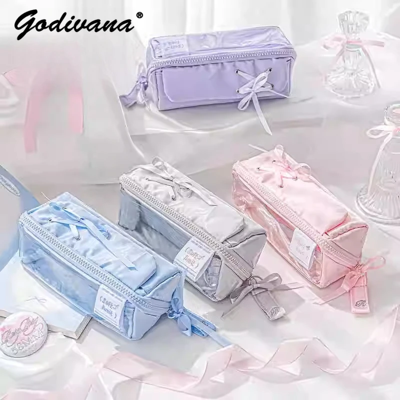 Students Ribbon Satin Large Capacity Pencil Case Multi-layer Boy and ...