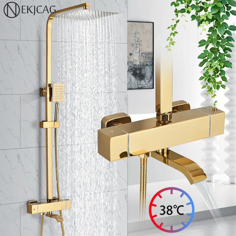 Quality-Golden-Thermostatic-Shower-Faucet-Set-Bathroom-Rainfall-Shower-Column-3-Ways-Mixer-Taps ...