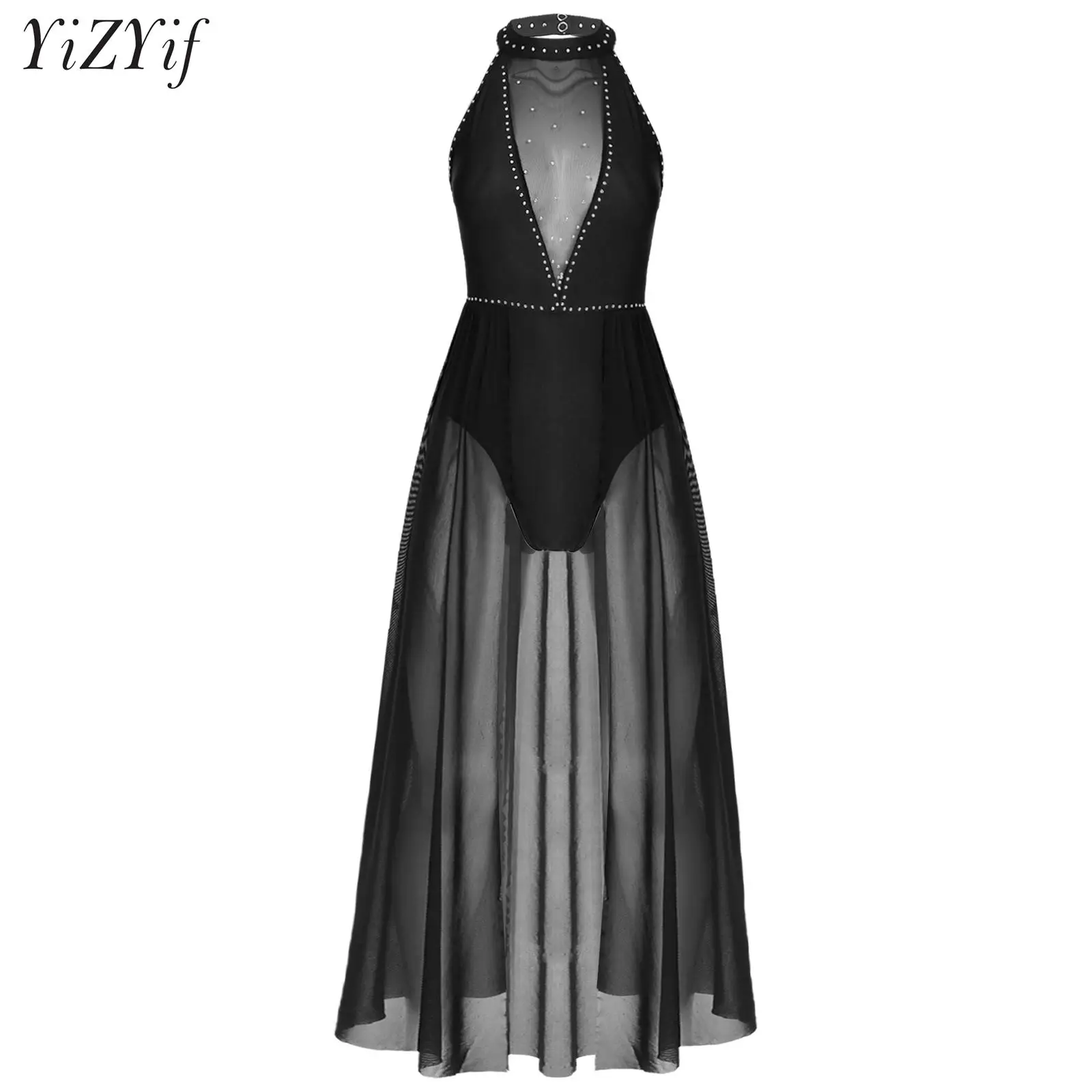 Women-Lyrical-Dance-Flowy-Tulle-Dress-Leotard-Rhinestone-Deep-V-Sheer ...