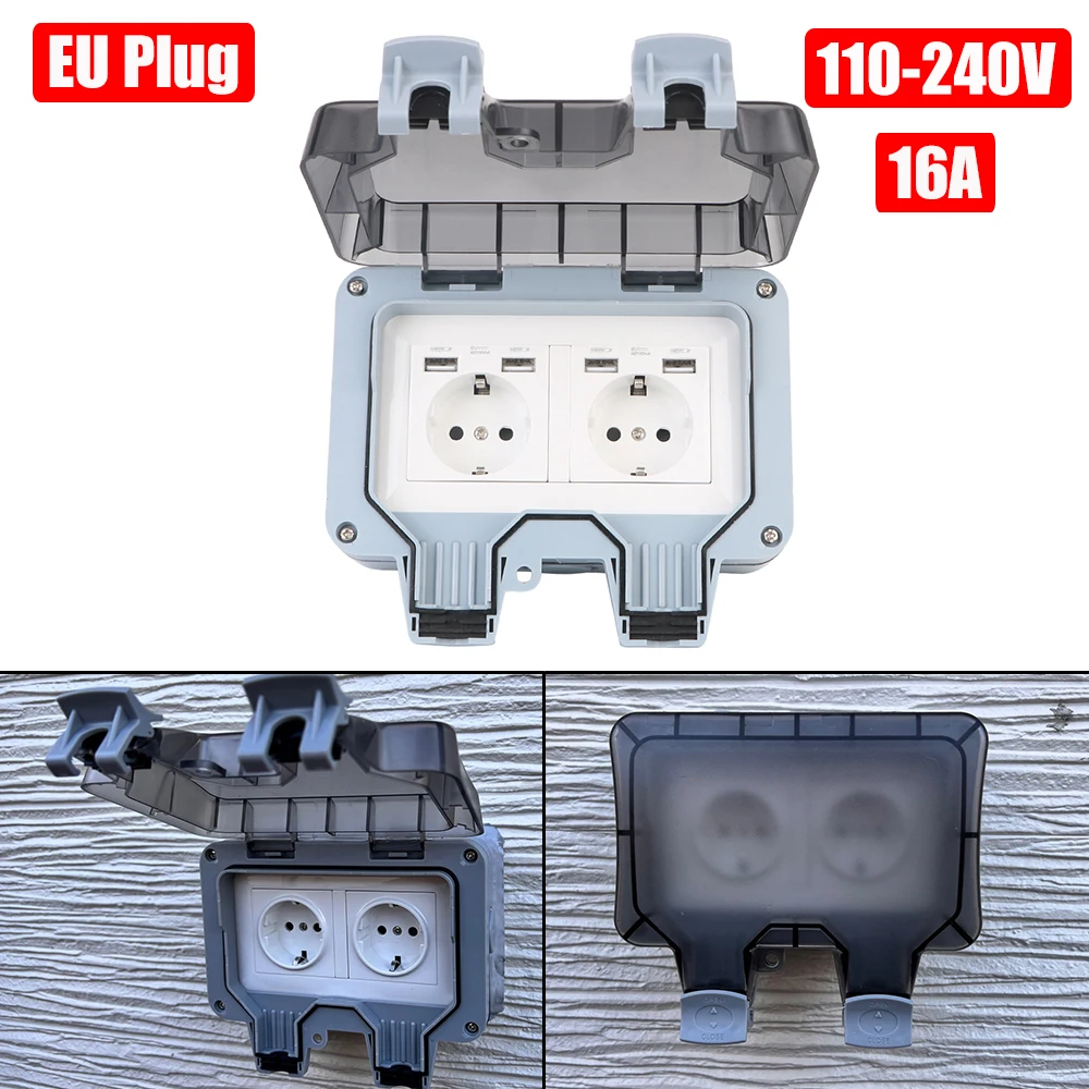 IP66 Weatherproof AC 110~240V Power Supply Switch Socket 16A Double EU ...