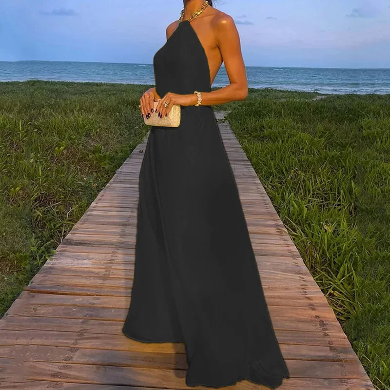 JOHalter-Robe-longue-en-satin-pour-femme-robe-de-soir-e-monochrome-dos ...