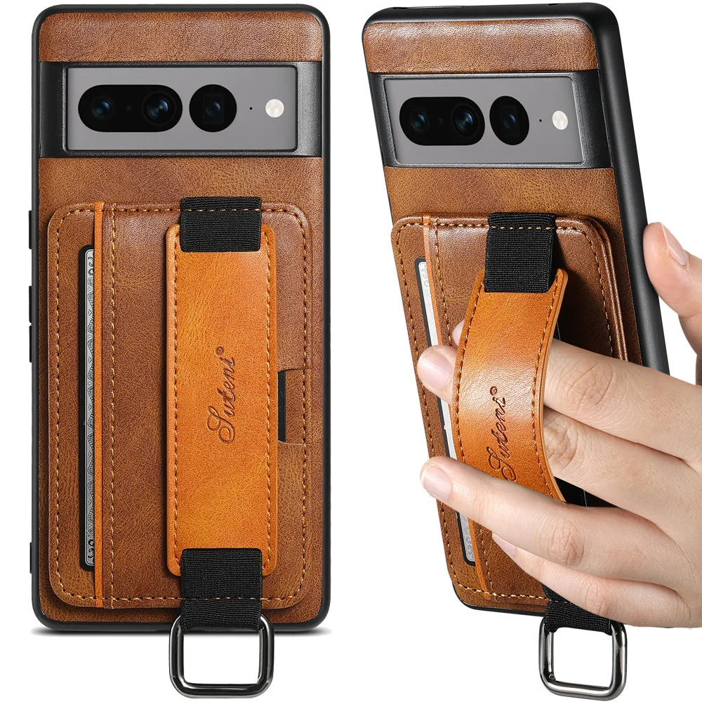 For Google Pixel 6 6A 7A 8 Pro Leather Back Cover Phone Case With Finger Hand Strap Grip Holder ...