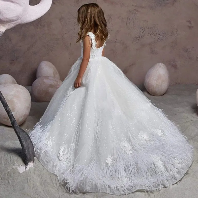 White Tulle Fluffy With Feathers Flower Girl Dress Sleeveless For ...