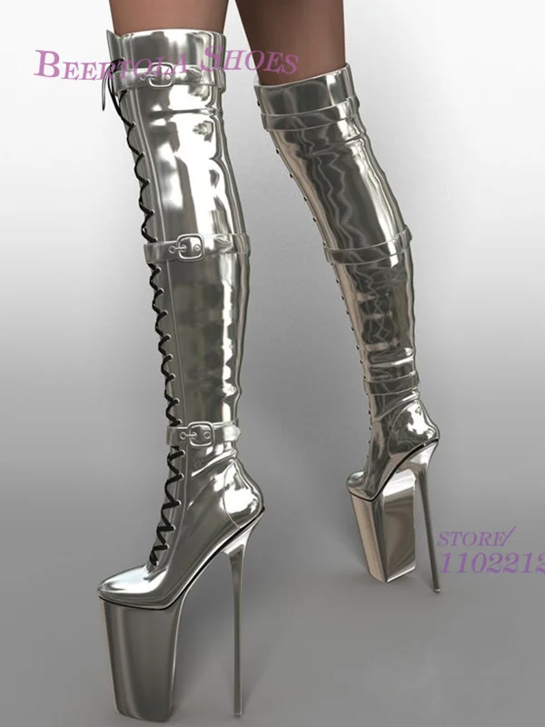 Silver-Galaxy-Glossy-Glossy-Boots-Women-Lace-Platform-20Cm-Heels-Pole ...