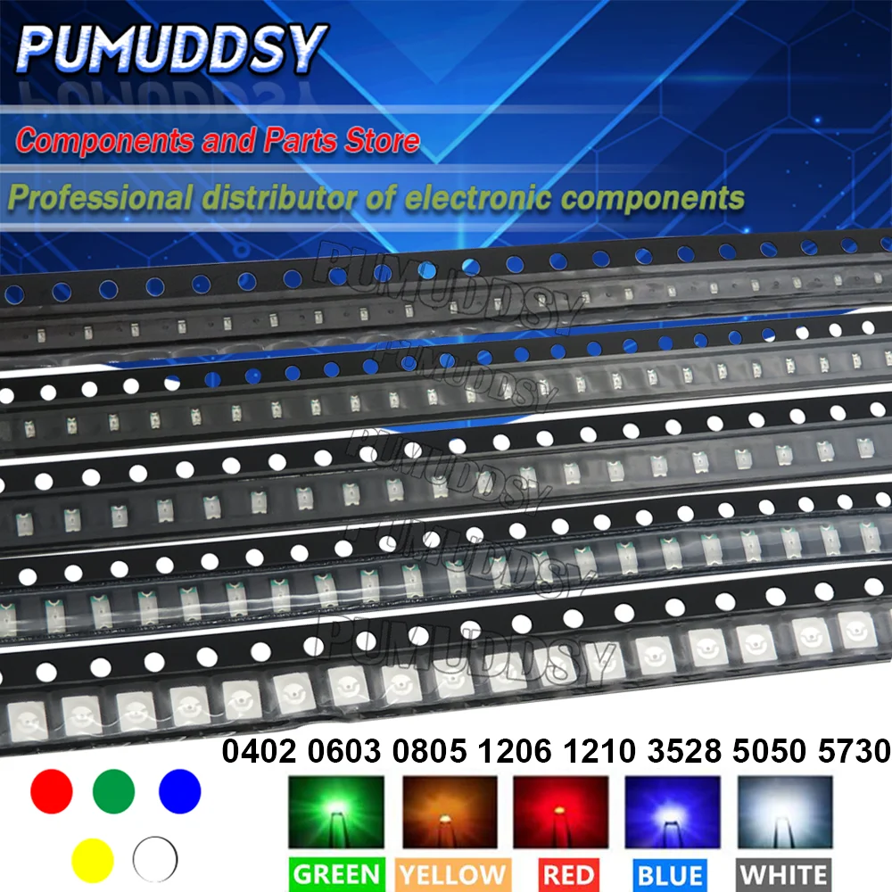 100pcs 0402 0603 0805 1206 1210 3528 5050 5730 smd led Red Yellow Green ...