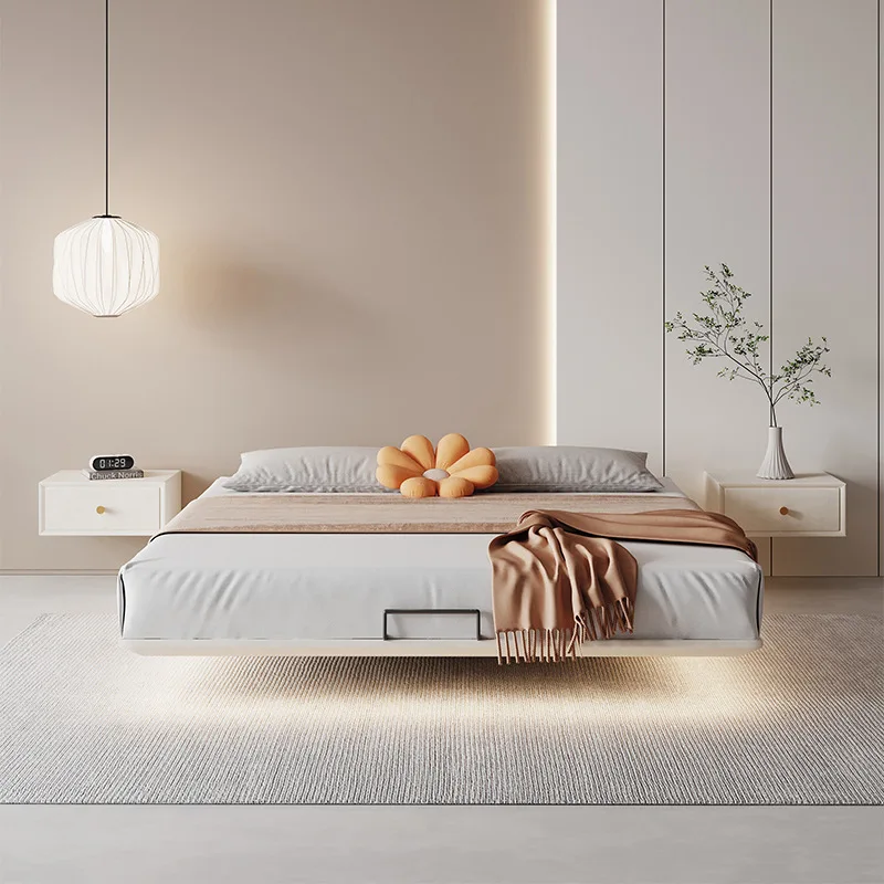 Modern-simple-headless-suspended-bed-net-red-solid-wood-double-bed ...