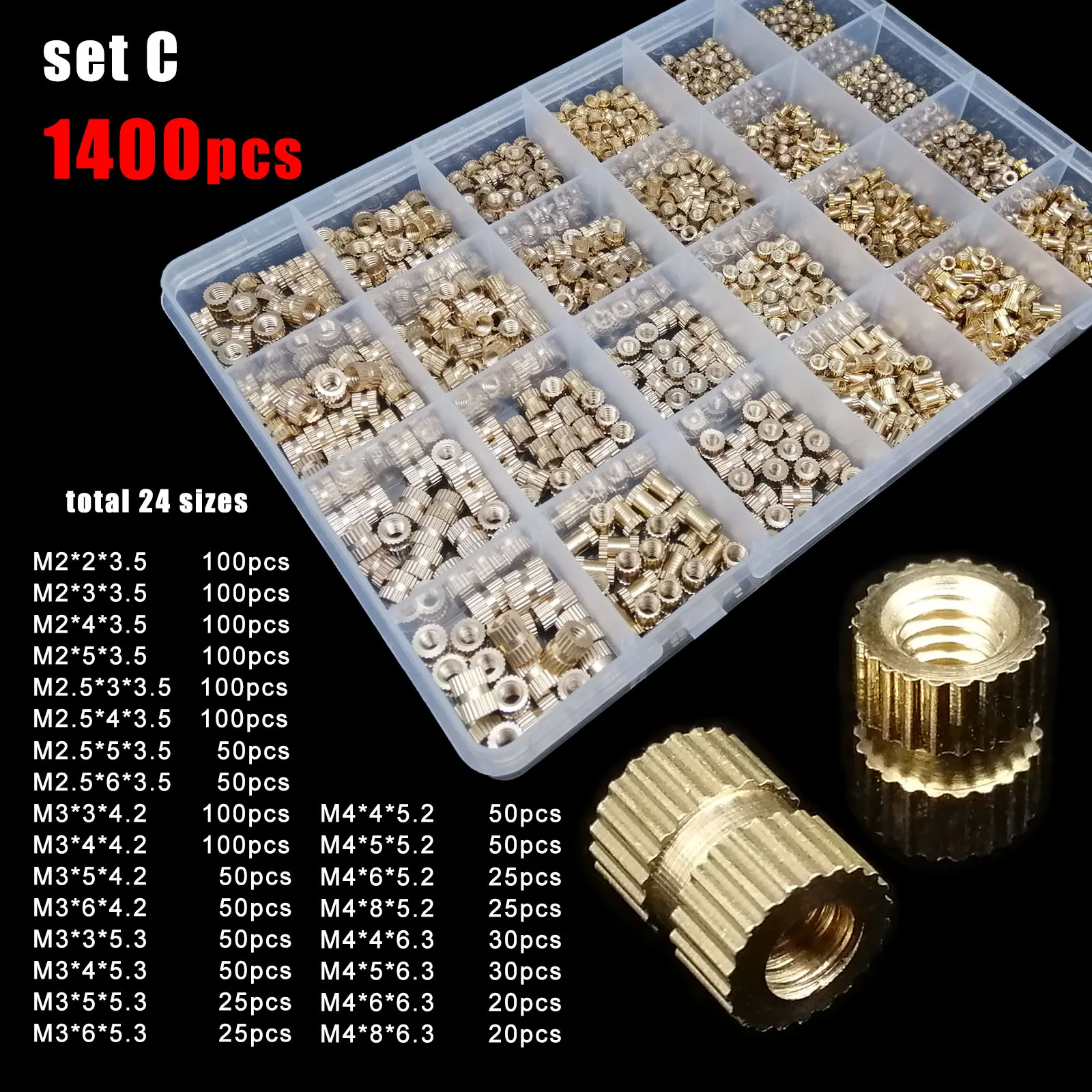 500/750/1400pcs M2 M2.5 M3 M4 Mix Size Set Kit Box Solid Brass Copper Injection Molding Knurl ...