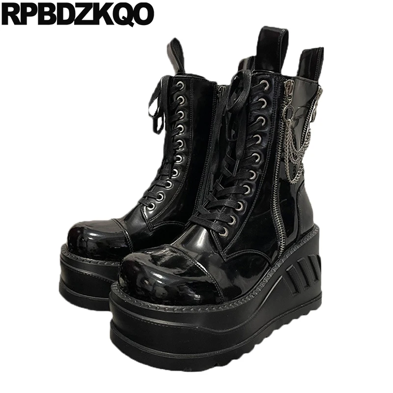 High-Heels-Wedges-Round-Toe-Rock-Patent-Leather-Side-Zip-Chain-Platform ...