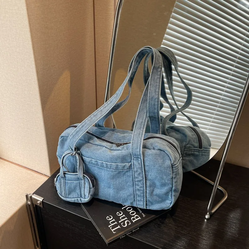 Denim Shoulder Bag Solid Color Multi-pocket Design Large Capacity ...