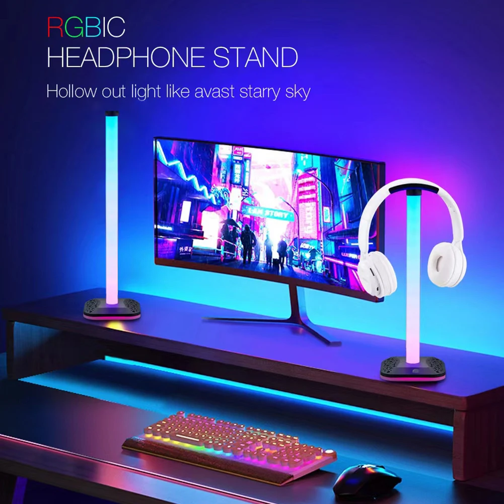 1 2 헤드폰 스탠드 무드등 램프 사운드 컨트롤 Rgb 헤드셋 서포트 스탠드 분리형 앱 컨트롤 컴퓨터 데스크탑 장식용