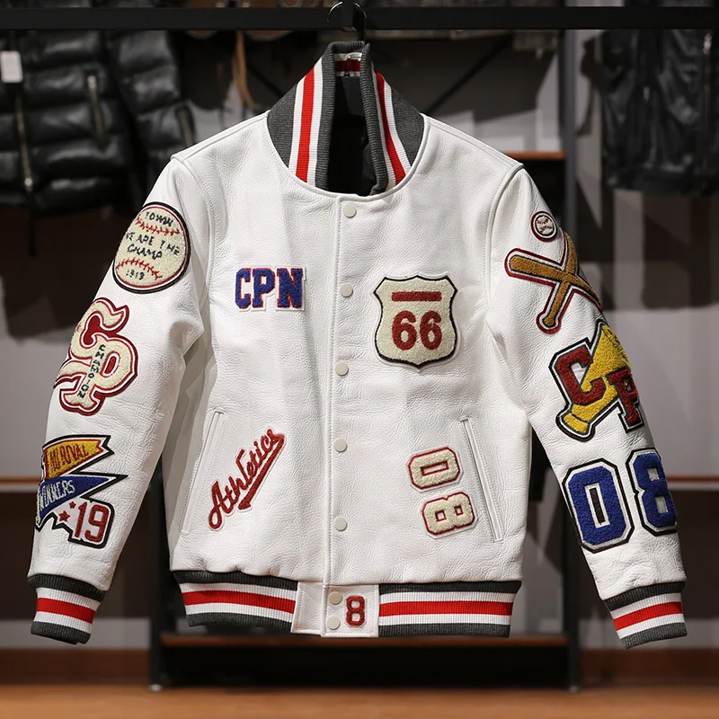 DHL-free-shipping-embroidered-genuine-leather-baseball-jacket-white ...