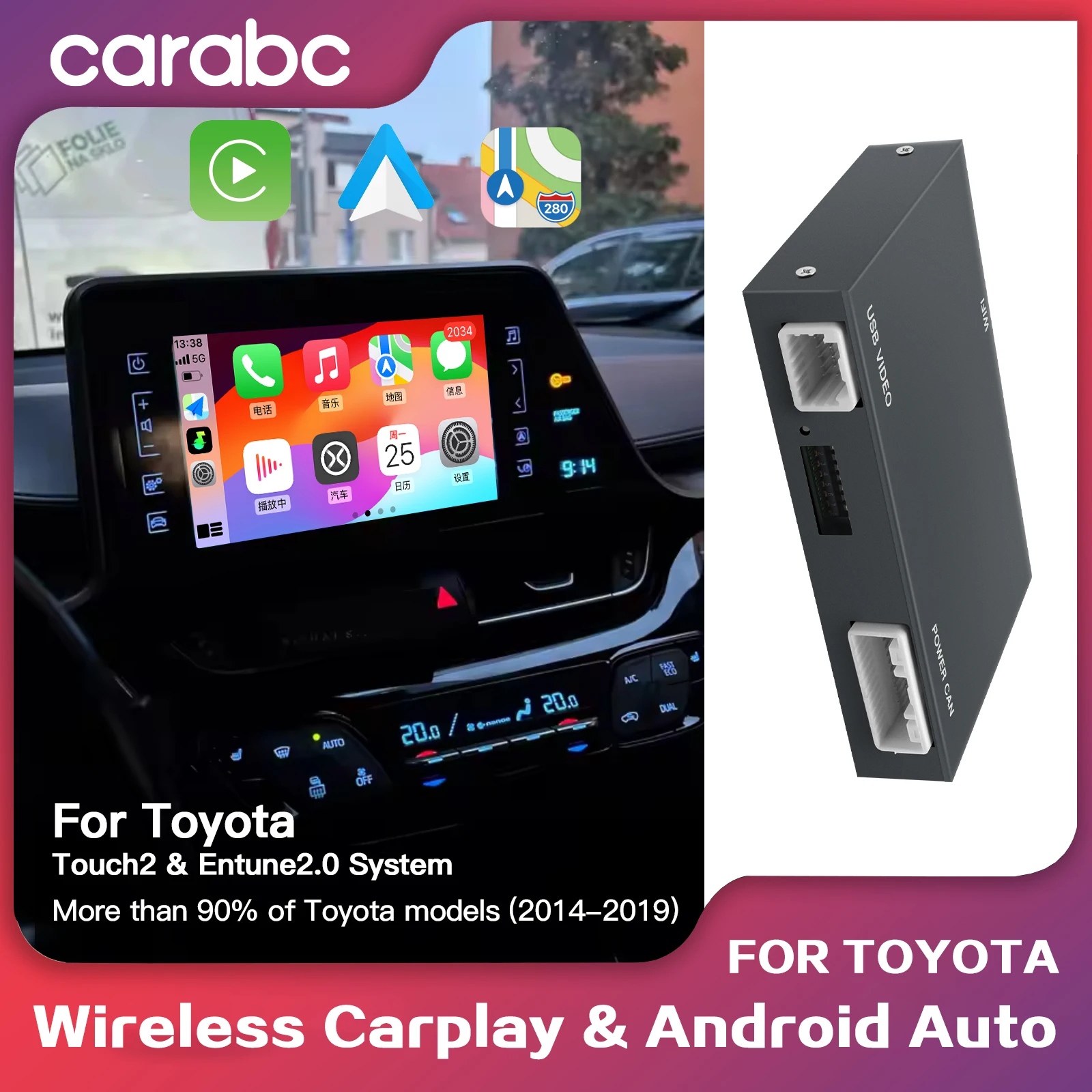 CARABC Wireless Carplay Android Auto For TOYOTA CHR RAV4 Corolla Tacoma ...