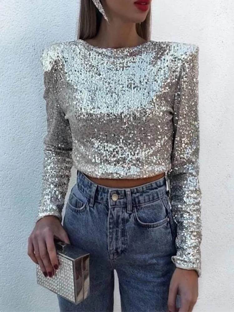 Women-Sequined-Long-Sleeve-Crop-Top-SilverSolid-O-neck-Slim-Fit-Glitter ...