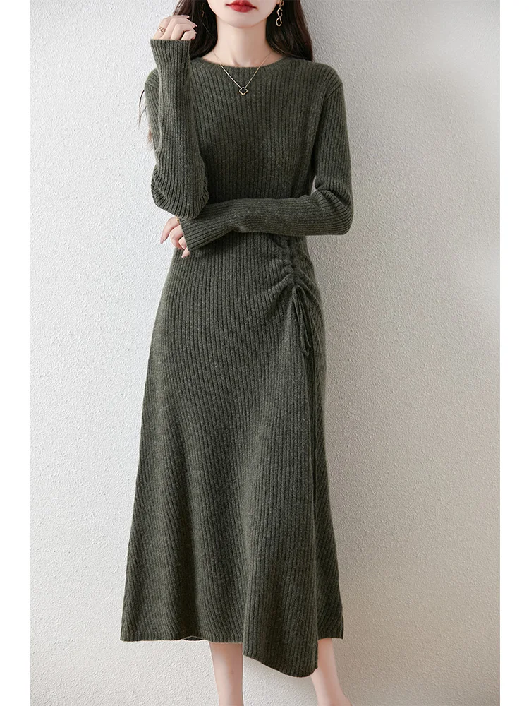 Women Wool Dress Drawstring Style Pullover Autumn Winter 100% Merino ...
