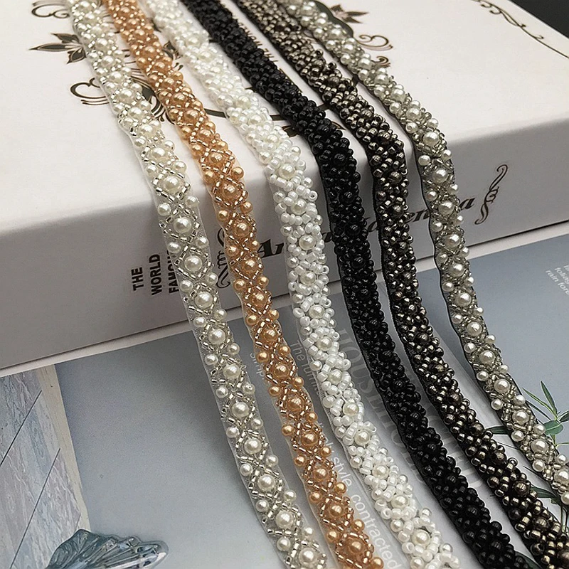 2 Yards/Lot Sewing Beads Lace 1cm Wide Handmade Pearl Trim White Black ...