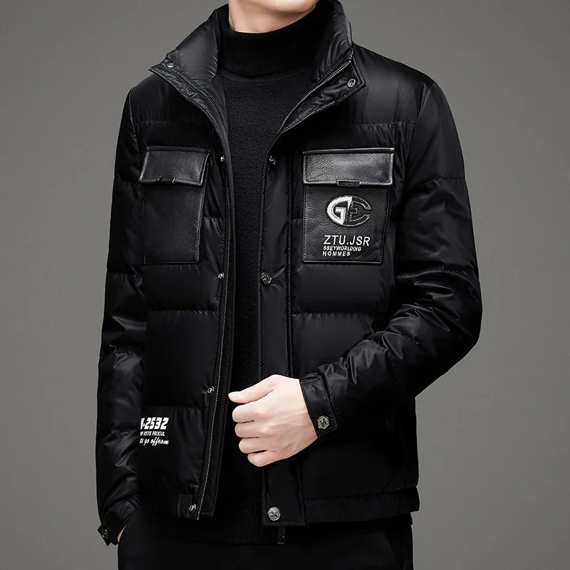 Leather-Stand-Collar-Short-Down-Jacket-Duck-Down-Male-Padding-Designer ...