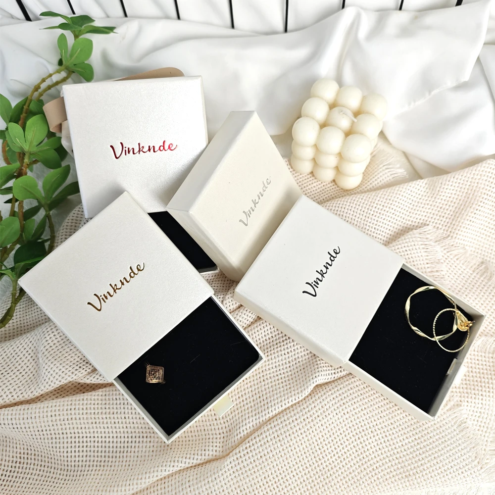50Pcs Custom Logo Beige Jewelry Drawer Box Pull-Out Paper Packaging Box ...