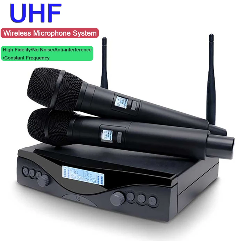 Professional-Wireless-Microphone-UHF-2-Channels-Handheld-Mic-Automatic-Frequency-Adjustable-100m ...