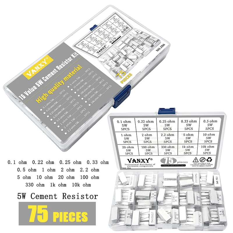 15 values kit 5W Cement resistance 5% 0.1 0.22 0.25 0.33 0.5 1 2 2.2 5 ...