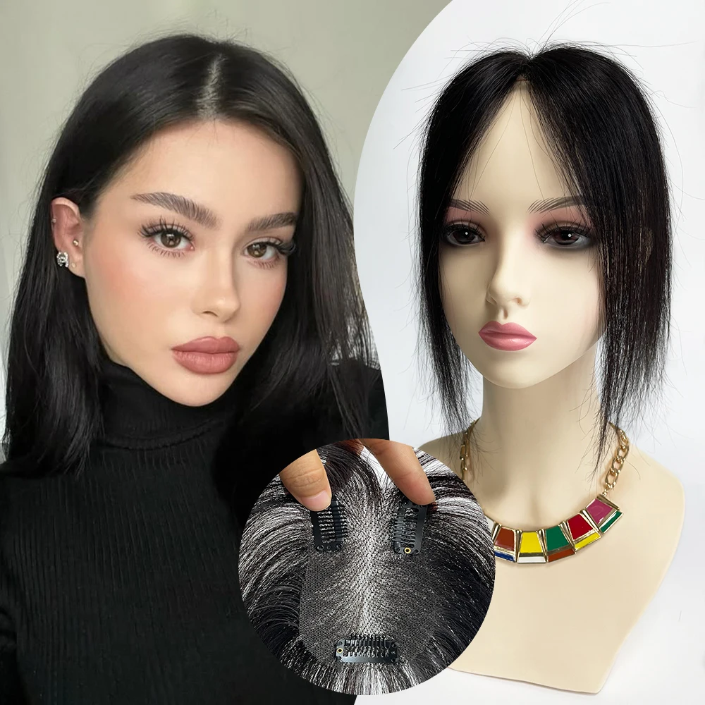 7x11 cm Lace Base 10 inch Human Hair Topper with Bangs Breathable Clips ...