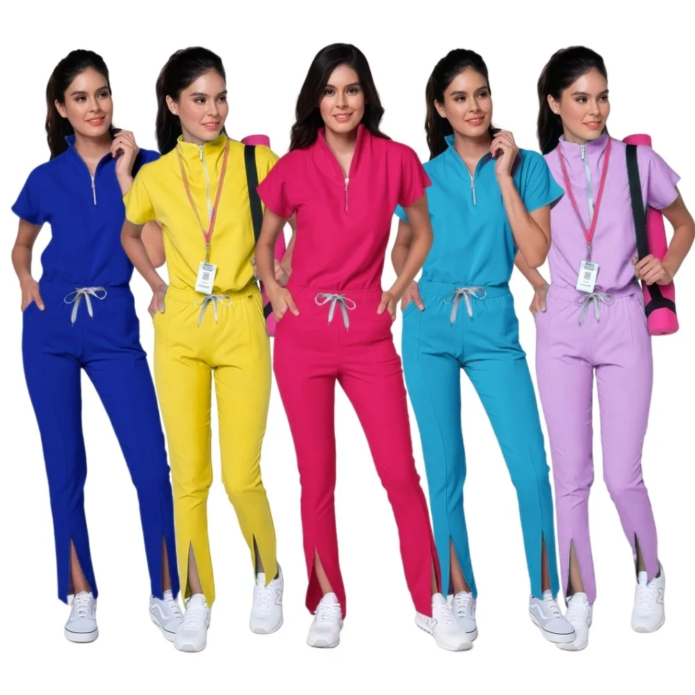 New Scrubs Set Medical Uniforms Stretch Scrub Tops with Pocket Pants ...