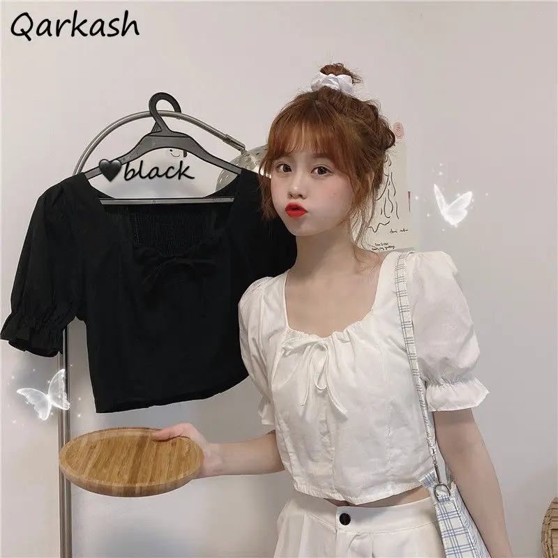 Bow Cute Blouses Women Aesthetic Korean Style Sweet Preppy Cropped Ropa ...