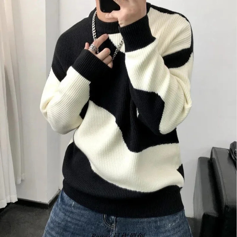 Round-Collar-Men-s-Clothing-Striped-Graphic-Pullovers-Knit-Sweater-Male ...