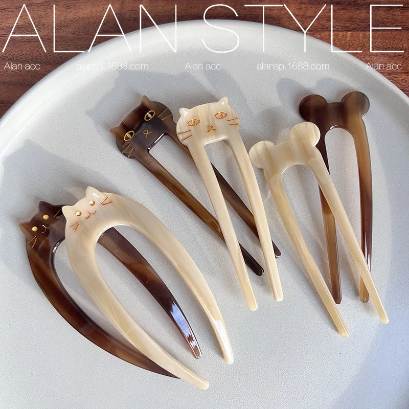 Vintage-Acetate-Cartoon-Cute-Cat-U-shaped-Hair-Sticks-Hairpin-for-Women ...