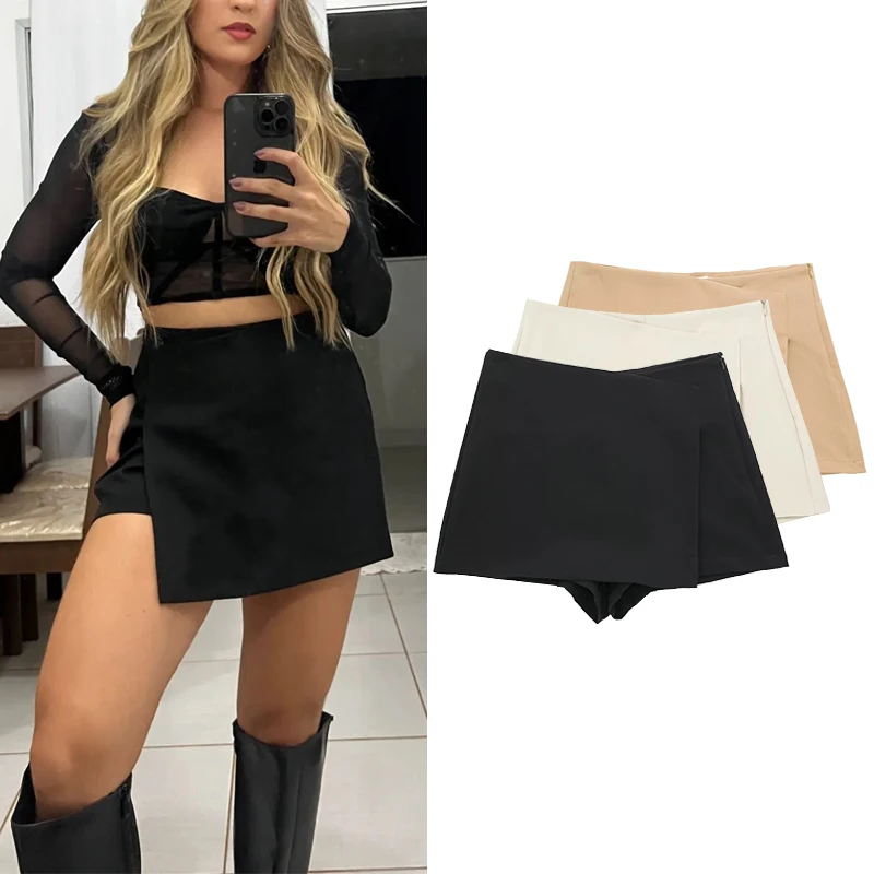 HXAO-Black-Shorts-Women-Solid-Asymmetric-High-Waist-Shorts-Skirt-Side ...