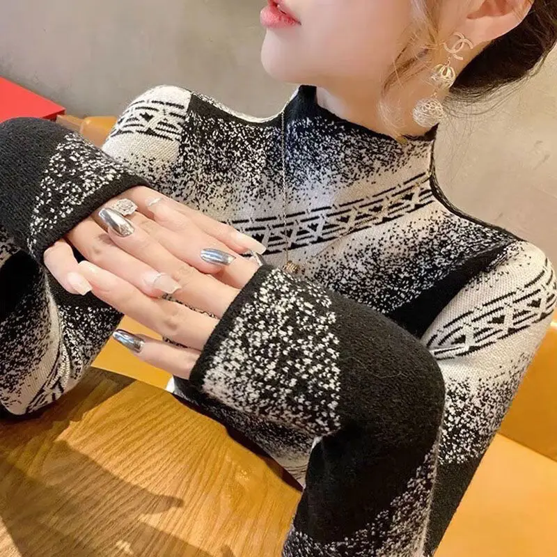 Autumn Winter Women's Pullover Turtleneck Geometric Flocked Screw ...
