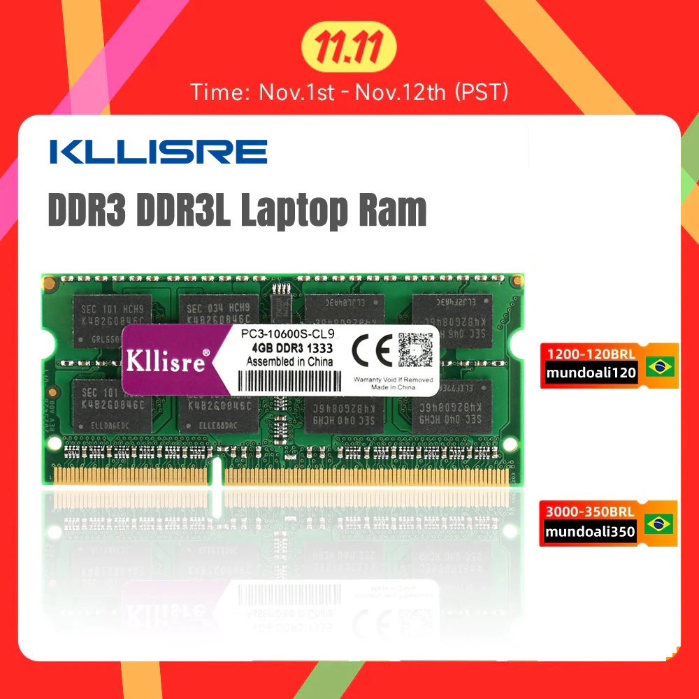 Memória do caderno sodimm da ram 4gb 8 do portátil de kllisre ddr3l ddr3 1333 1600 v 1.35v 1.5v ...