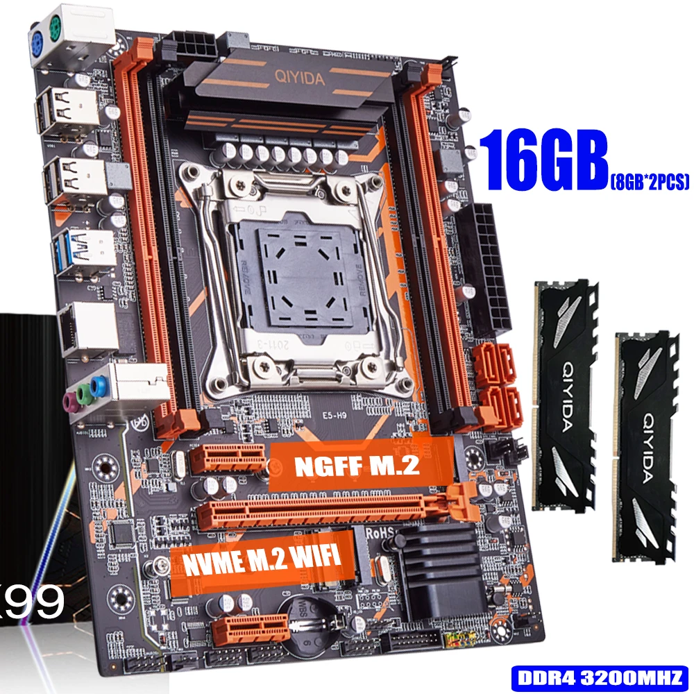 Qiyida x99 conjunto de placa mãe LGA2011 3 e5 h9 4 canais 2 pces * 8gb = 16gb 3200mhz ddr4 sata ...