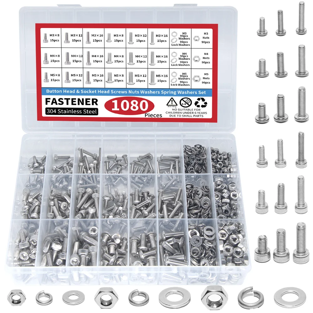1080PCS-Nuts-and-Bolts-Assortment-Kit-M3-M4-M5-M6-Screw-Set-Button-Head ...