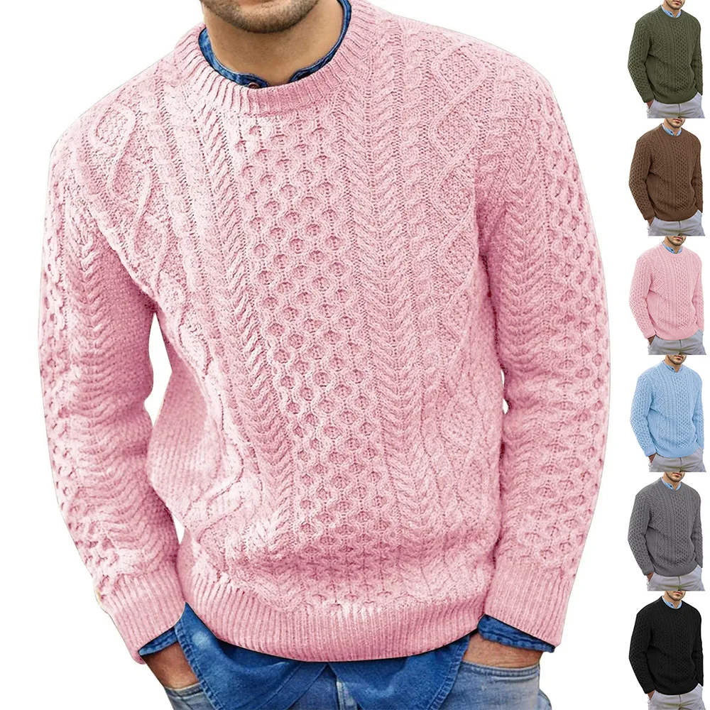 Men Vintage Round Neck Solid Color Male Fit Knitted Pullover Loose Sweaters