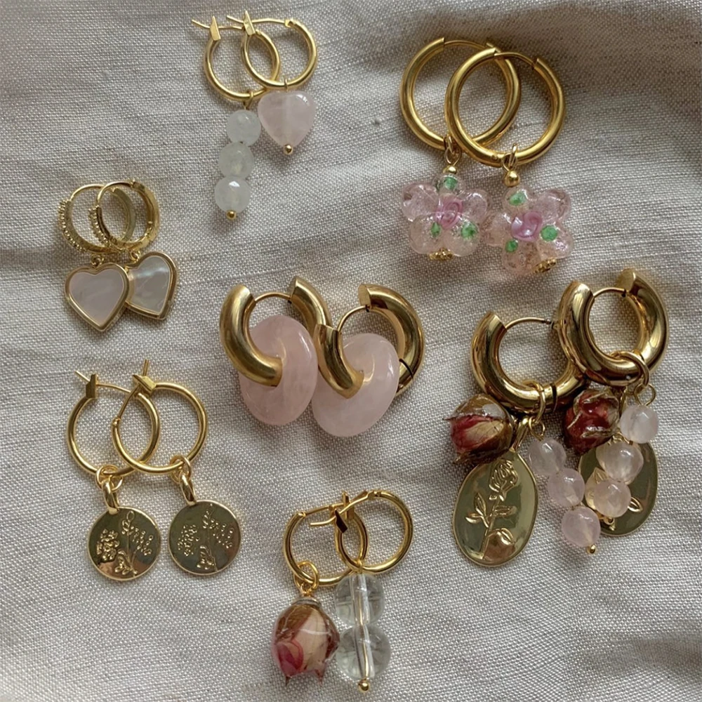 New Trendy Stainless Steel Circle Hoops with Natural Stone Round Heart ...