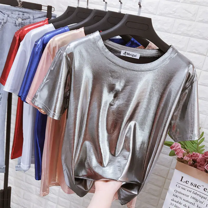 Summer-Short-Sleeve-Satin-T-shirts-Women-Casual-Streetwear-Shiny-Glossy ...