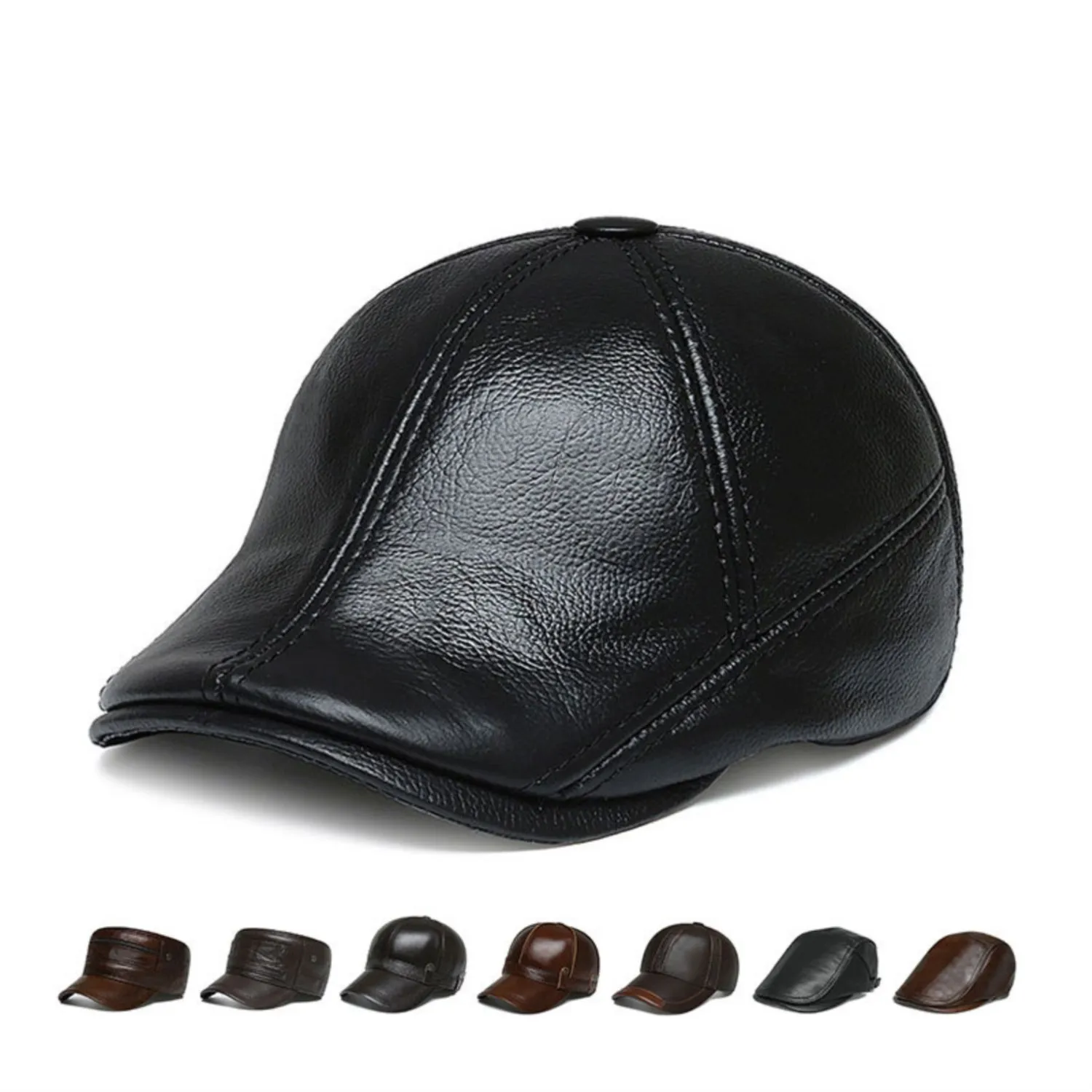 Head-Layer-Cowhide-Forward-Cap-Winter-Men-Warm-Cold-Grandfather-Leather ...