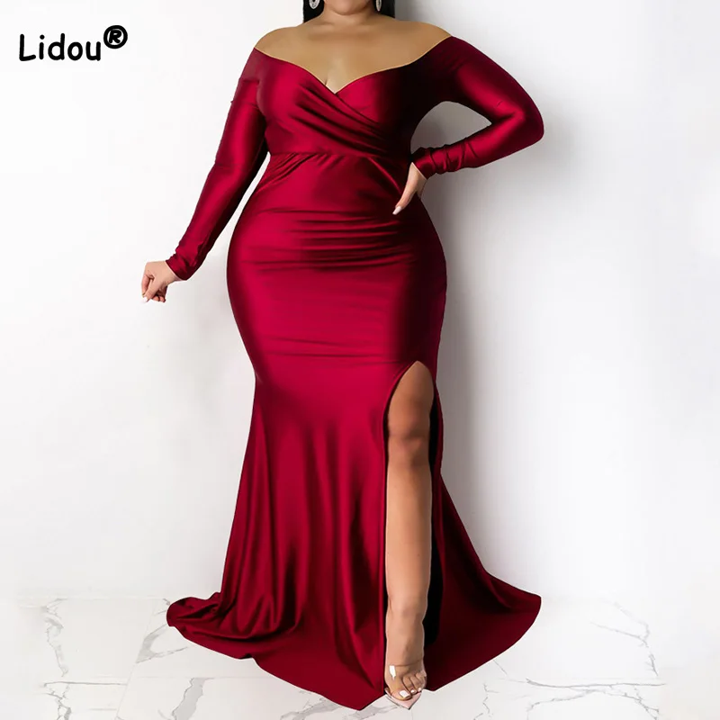 Evening Party Sexy Off Shoulder Solid Color Long Sleeve Deep V Neck ...