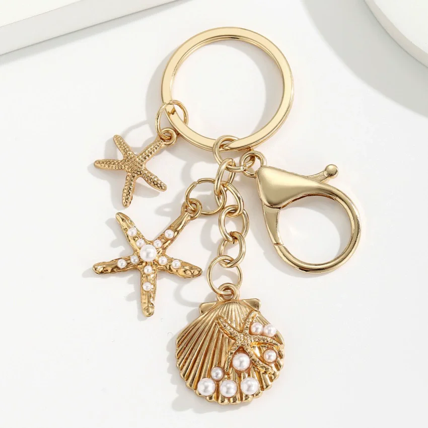 Fashion Pearl Starfish Shell Alloy Keychain Silver Color Sea Key Chains ...