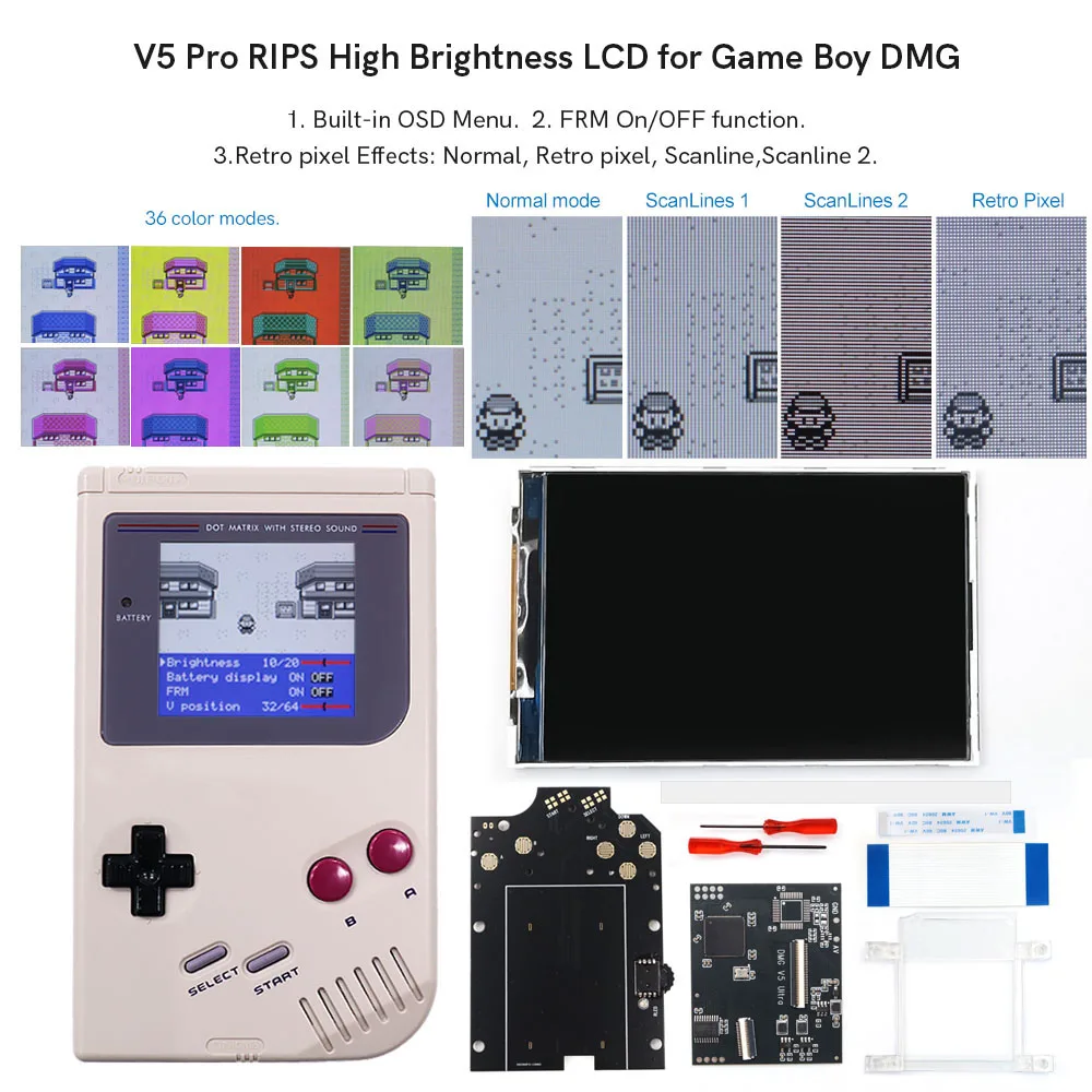 Pro V5 GBO IPS LCD Backlight Kits 36 Color Mod Replacment Screen For ...