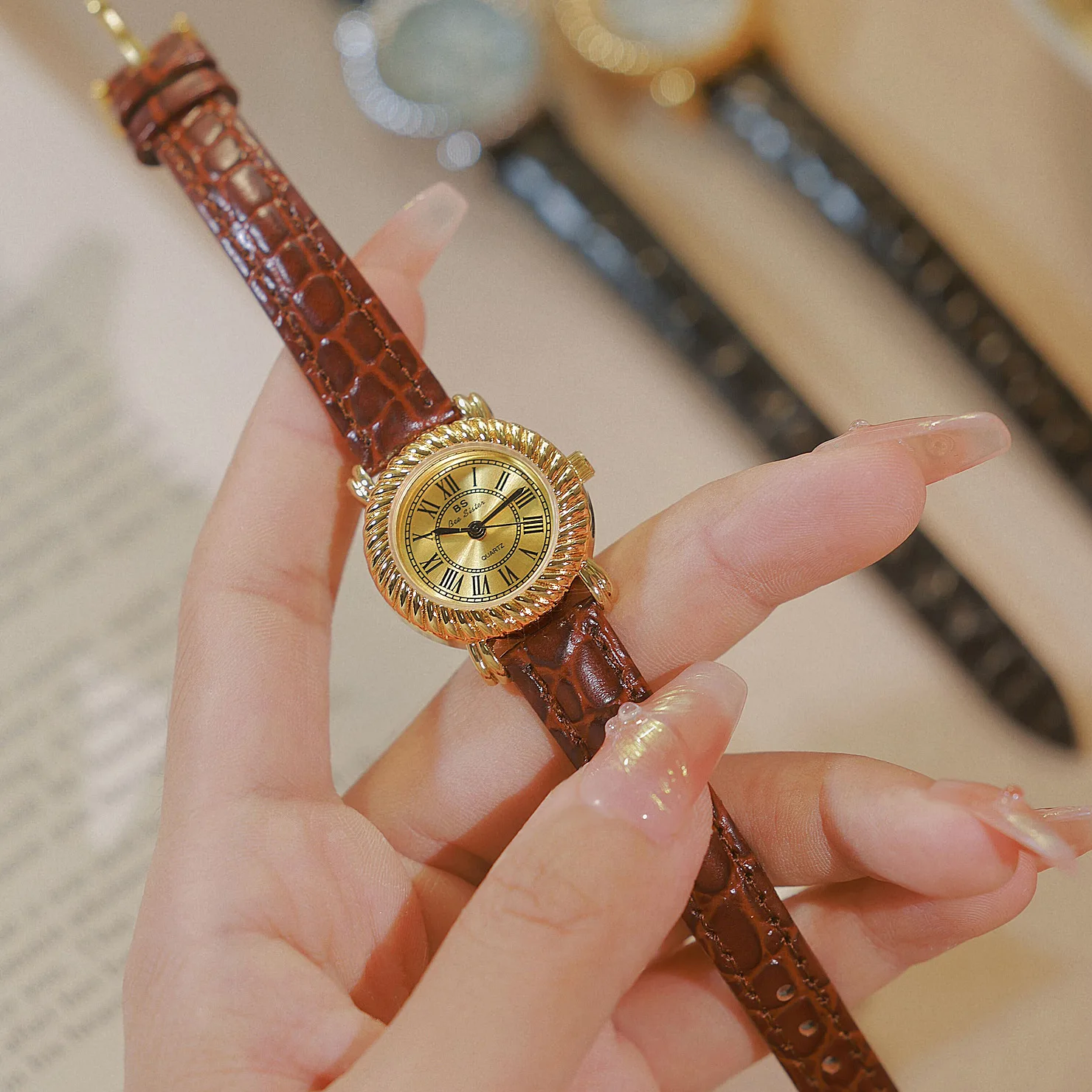 2024 Classic Leather Brown Small Gold Watch with Unique Square Dial ...