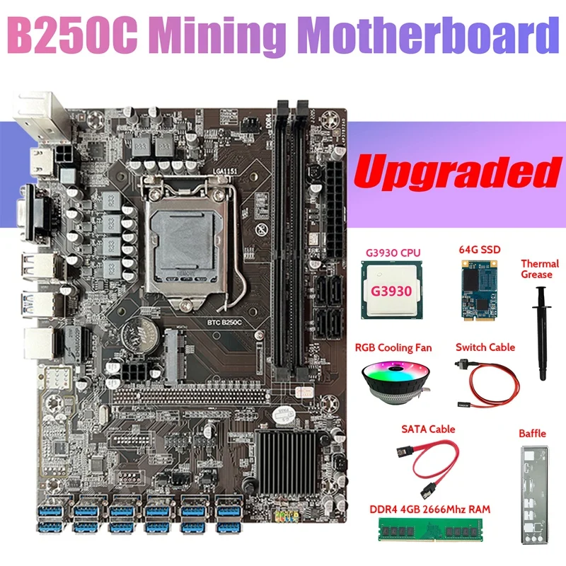 AU42 B250C ETH Miner Motherboard 12USB + G3930 CPU + DDR4 4GB RAM + 64G ...