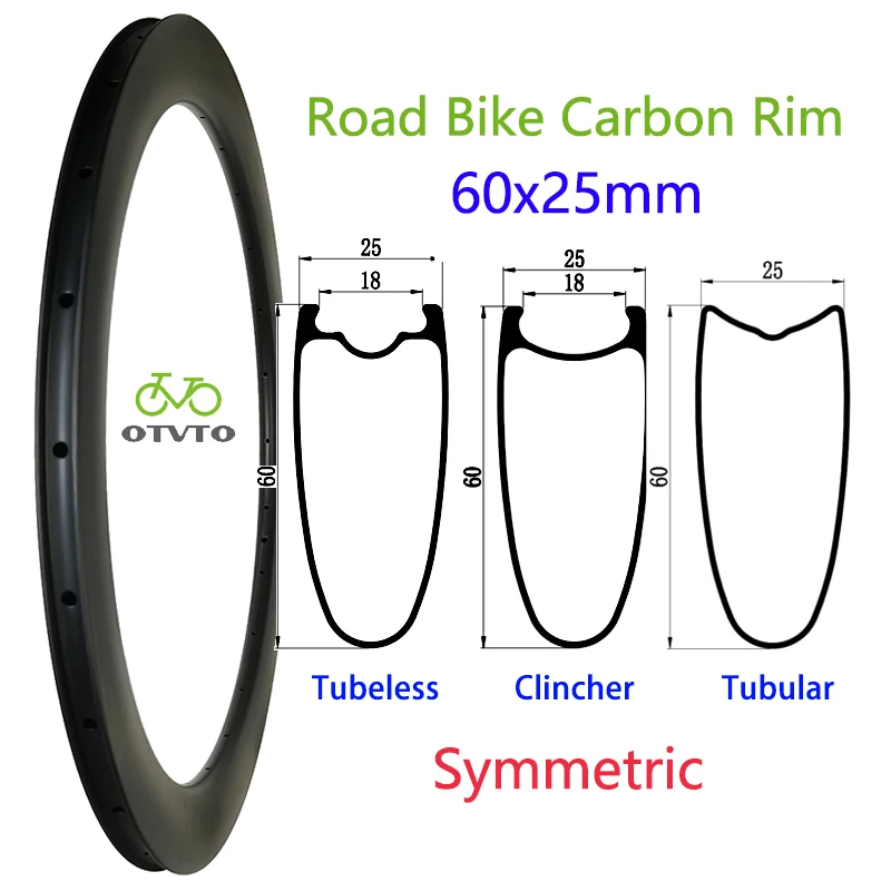 Road Carbon Rim 60mm Deep 25mm Wide Tubeless Clincher Tubular 24H 28H ...