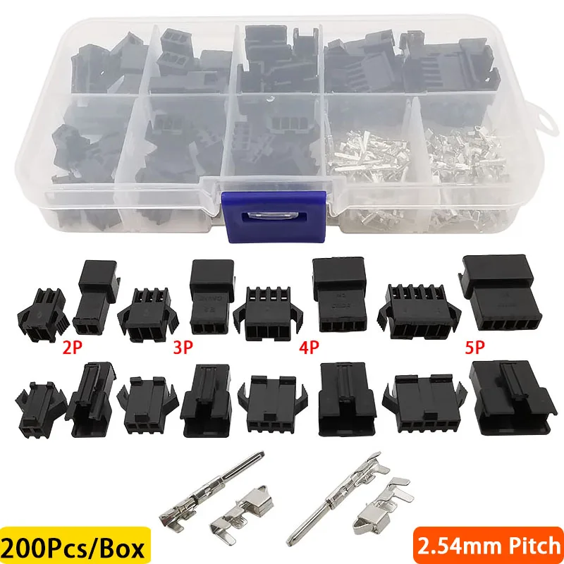 200Pcs/Box 2.54mm Pitch JST SM/Dupont Jumper Wire Connector Kit 2/3/4/5Pin Male/Female Housing ...