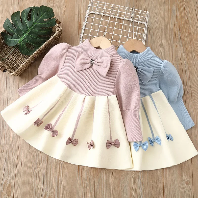 Girls-Casual-Dresses-Bow-Puffy-Sleeve-Sweater-Girls-Winter-Clothes-Kids ...