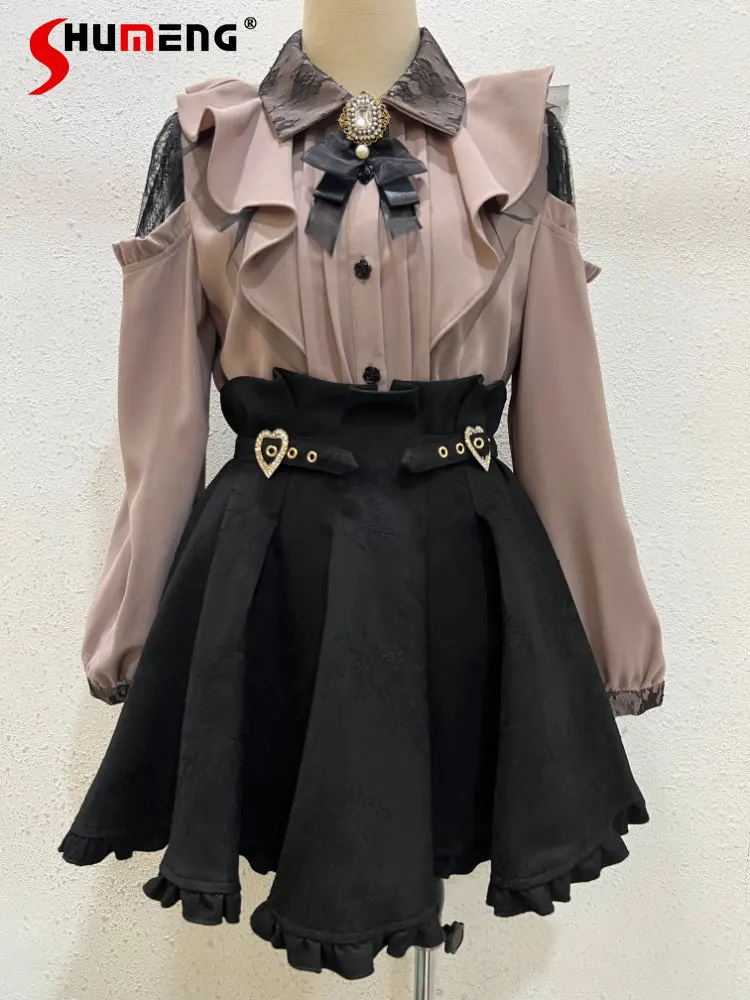 Japanese-Lolita-Off-Shoulder-Lace-Stitching-Pearl-Rhinestone-Bow-Tie-Shirt-Woman-Rojita-Long ...