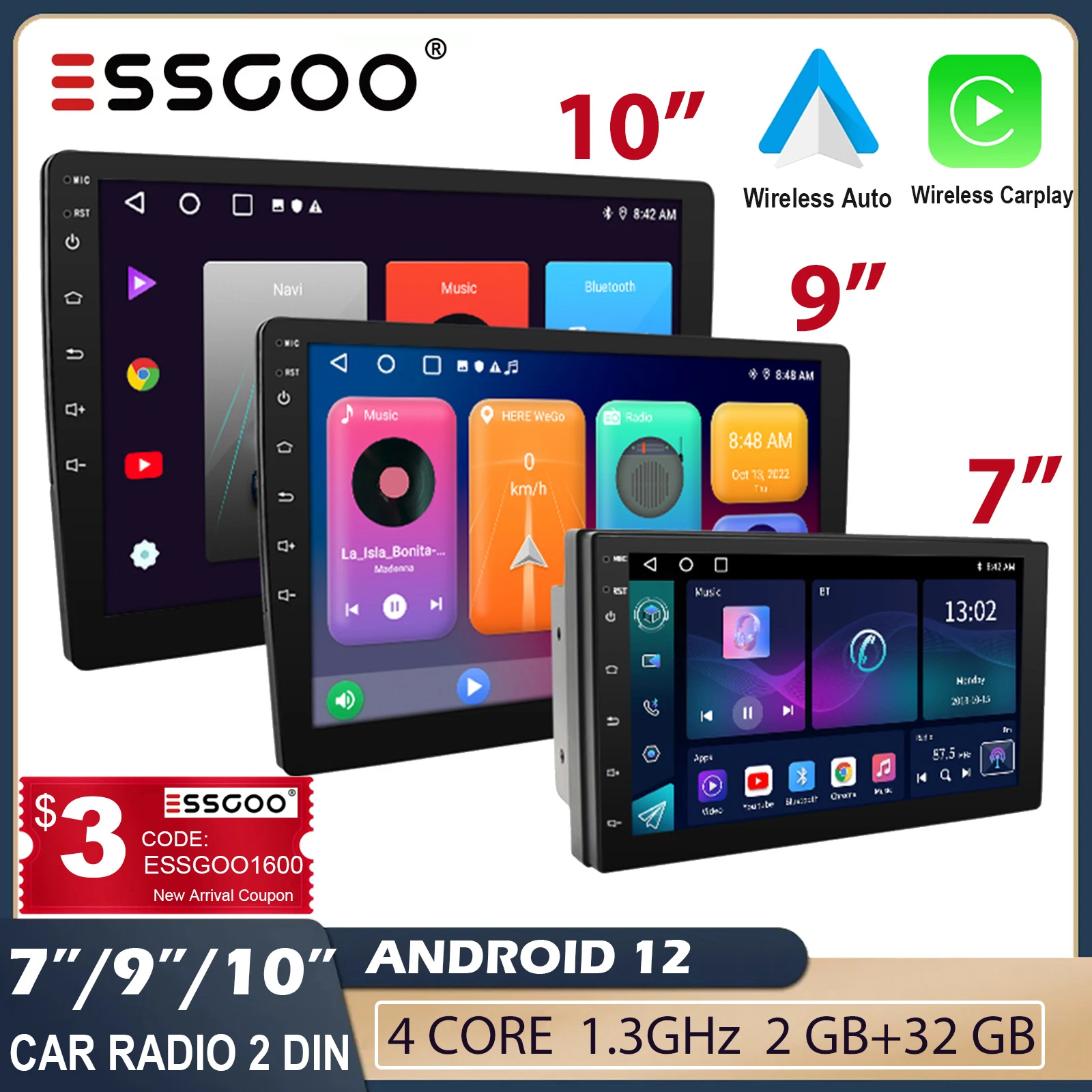 ESSGOO Car Radio 2 Din 7"/9"/10" MP5 Player GPS Navigator 2.5D Glass Screen Wireless Carplay ...
