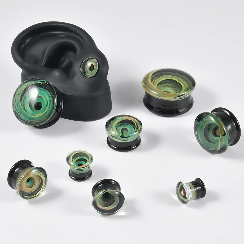 1Pair-Glass-Green-Swirl-Double-Flare-Flashback-Ear-Plug-Tunnel-Gauge ...