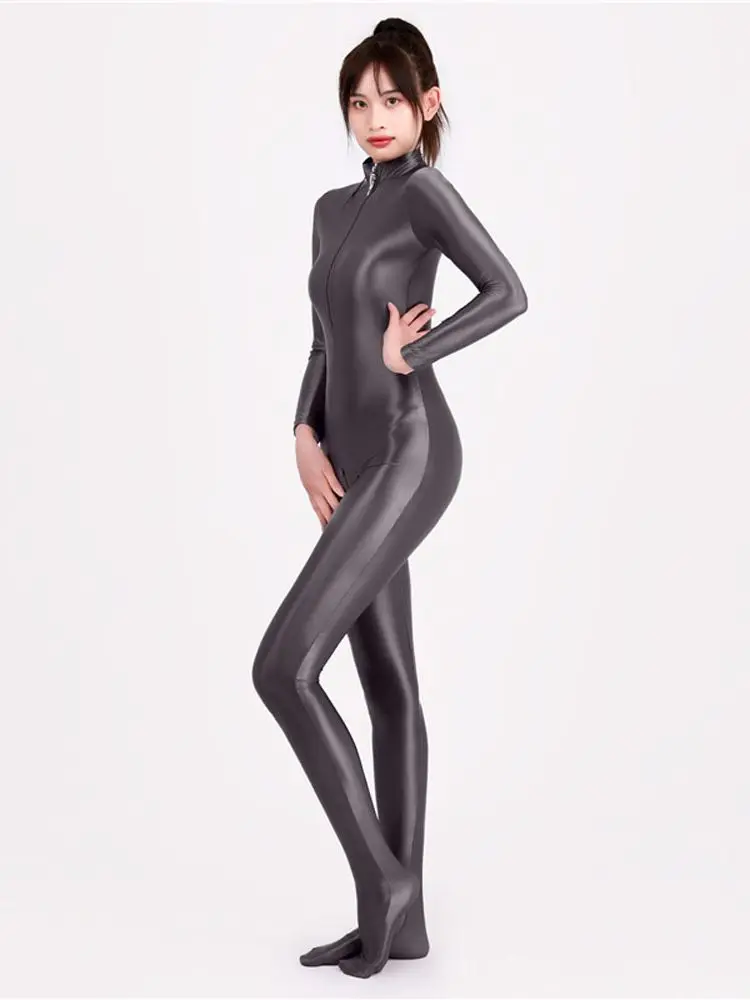 Glossy-Long-Sleeve-Zipper-Open-Crotch-Bodysuit-Tights-Sexy-Bodystocking ...