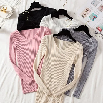 Autumn Winter Women Sweaters Casual Long Sleeve Knitted V Neck Pullover ...